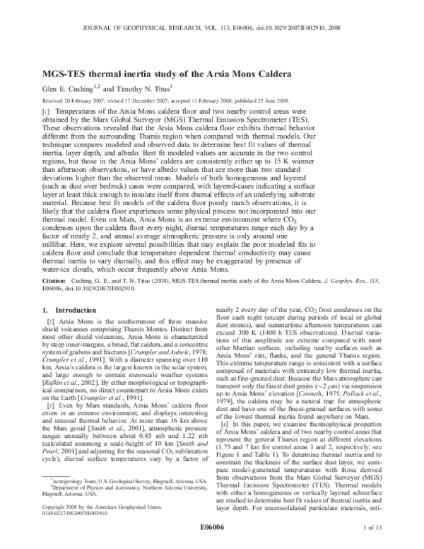(PDF) MGS-TES thermal inertia study of the Arsia Mons Caldera