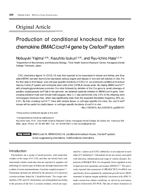 (PDF) Production of conditional knockout mice for chemokine BMAC/cxcl14 ...