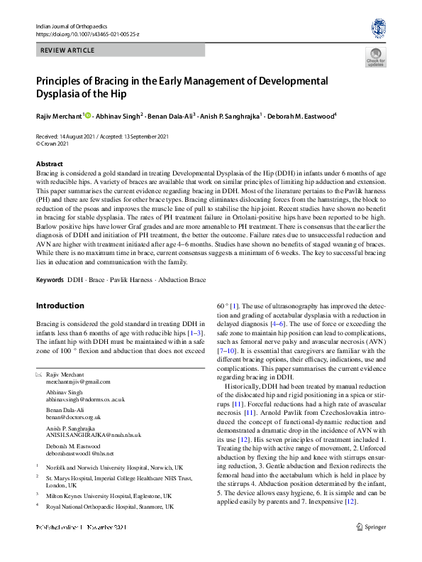 Pdf Principles Of Bracing In The Early Management Of Developmental Dysplasia Of The Hip