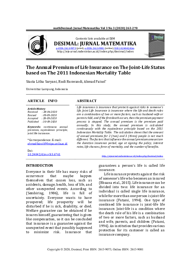 (PDF) The Annual Premium of Life Insurance on The Joint-Life Status ...