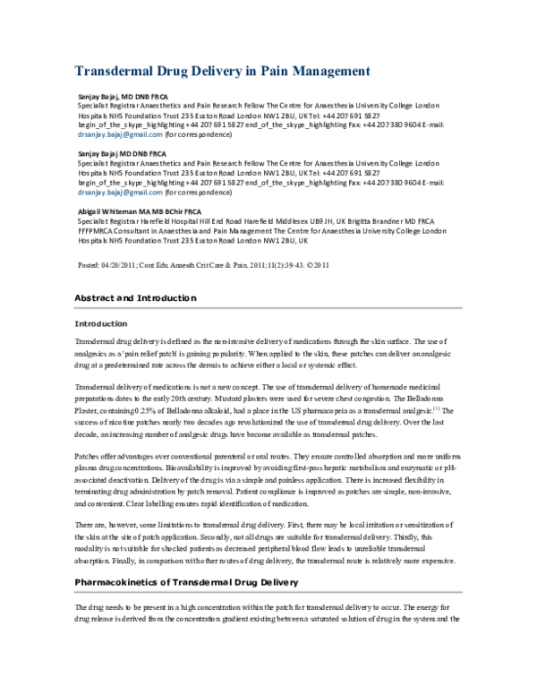 (PDF) Transdermal drug delivery in pain management