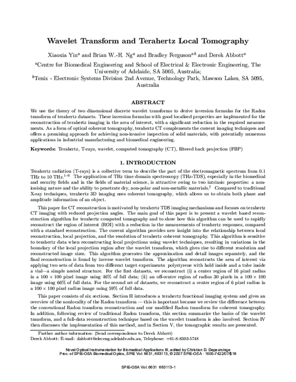 (PDF) Wavelet transform and terahertz local tomography | Derek Abbott - Academia.edu