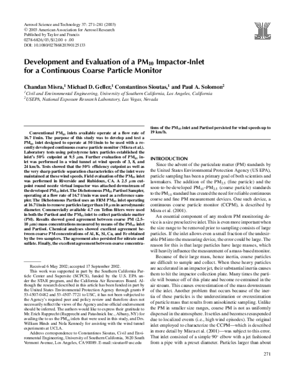 (PDF) Development and Evaluation of a PM 10 Impactor-Inlet for a ...