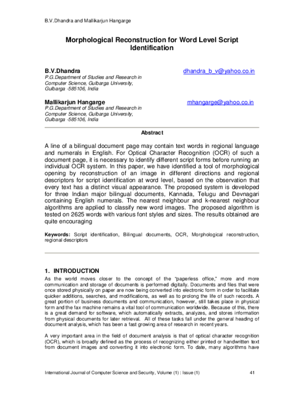 (PDF) Morphological reconstruction for word level script identification