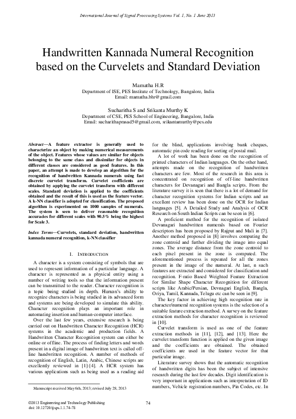 Pdf Handwritten Kannada Numeral Recognition Based On The Curvelets And Standard Deviation