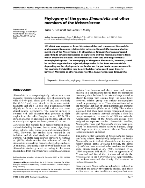 (PDF) Phylogeny of the genus Simonsiella and other members of the ...