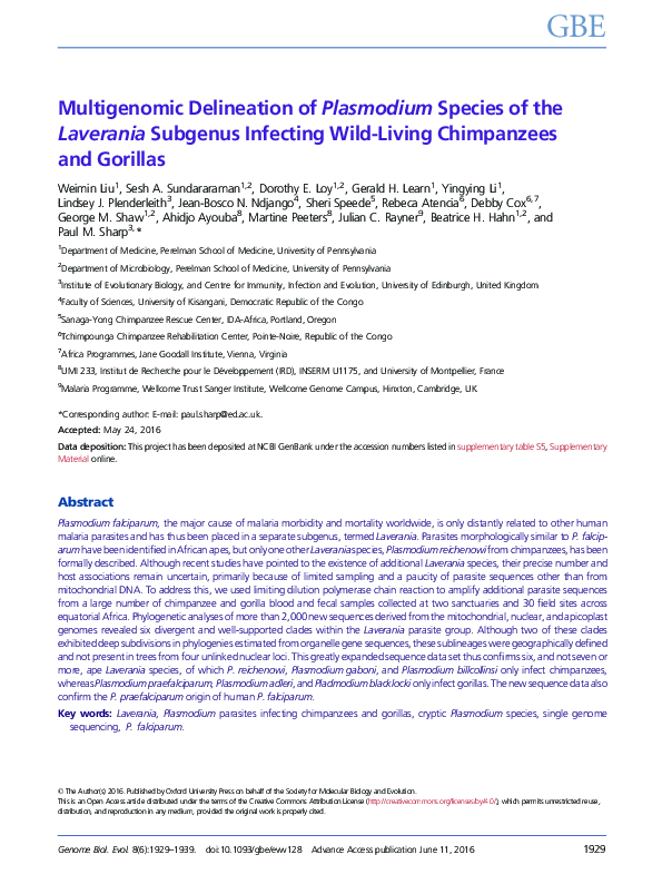 (PDF) Multigenomic Delineation of Plasmodium Species of the Laverania ...
