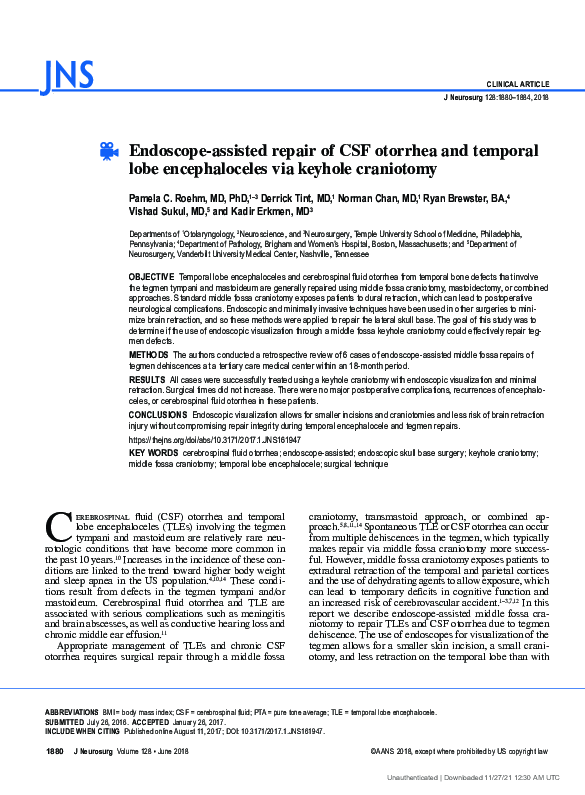 (PDF) Endoscope-assisted repair of CSF otorrhea and temporal lobe ...
