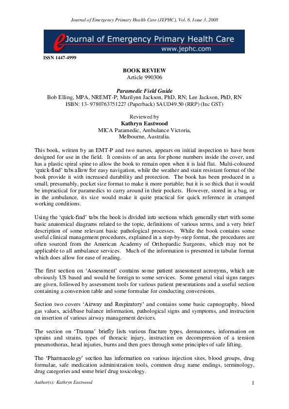 (PDF) Paramedic Field Guide, Bob Elling, Marilynn Jackson, Lee Jackson