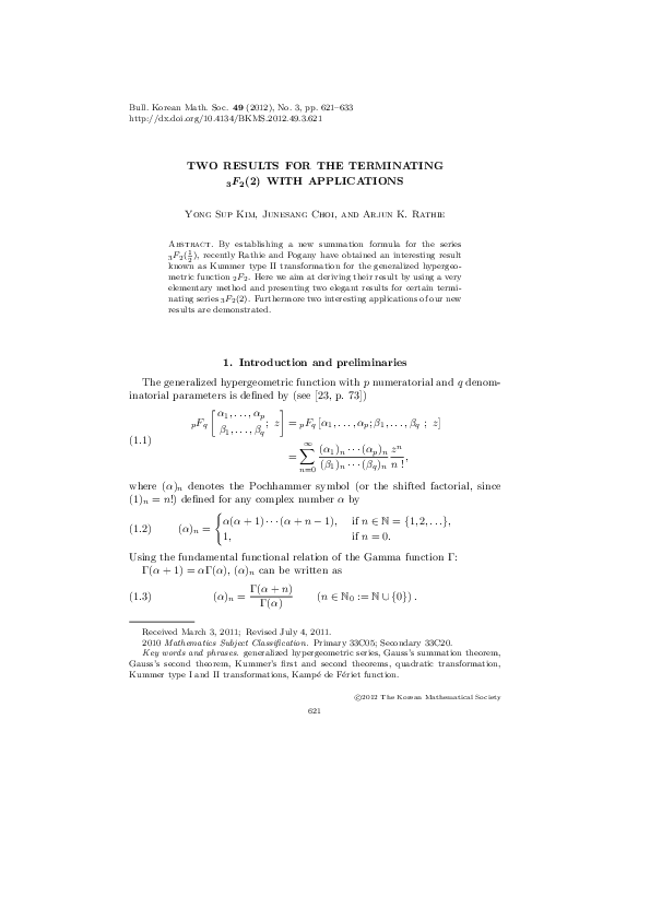 (PDF) Two Results for the Terminating 3F2 (2) with Applications