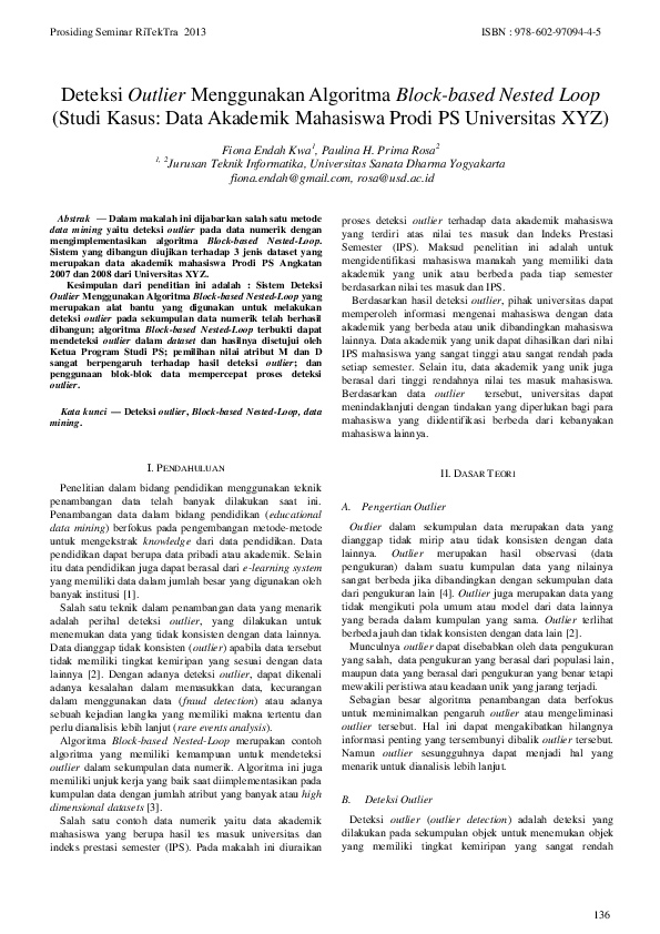 Pdf Deteksi Outlier Menggunakan Algoritma Block Based Nested Loop