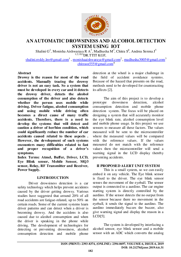 (PDF) An Automatic Drowsiness and Alcohol Detection System Using Iot