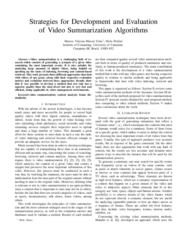 Pdf Strategies For Development And Evaluation Of Video Summarization