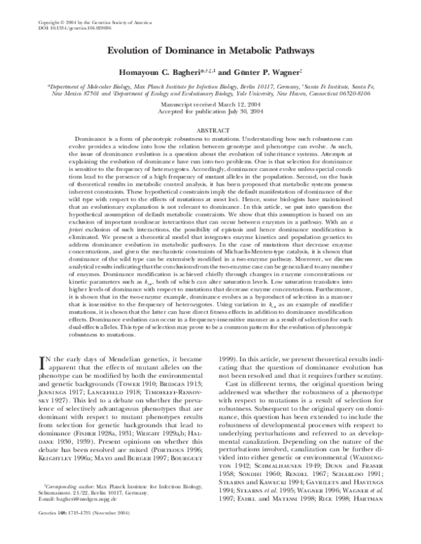 (PDF) Evolution of Dominance in Metabolic Pathways