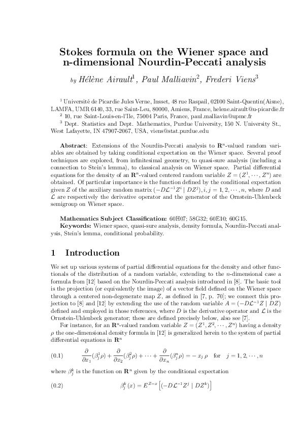 (PDF) Stokes formula on the Wiener space and n-dimensional Nourdin ...