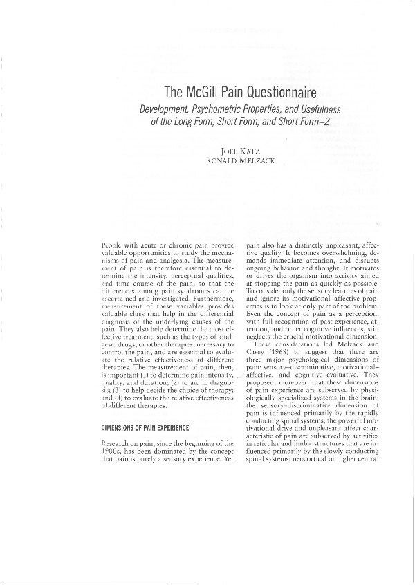 (PDF) The McGill Pain Questionnaire: Development, psychometric ...