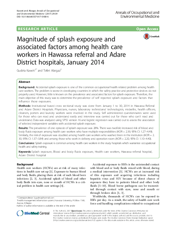 (PDF) Magnitude of splash exposure among health care workers
