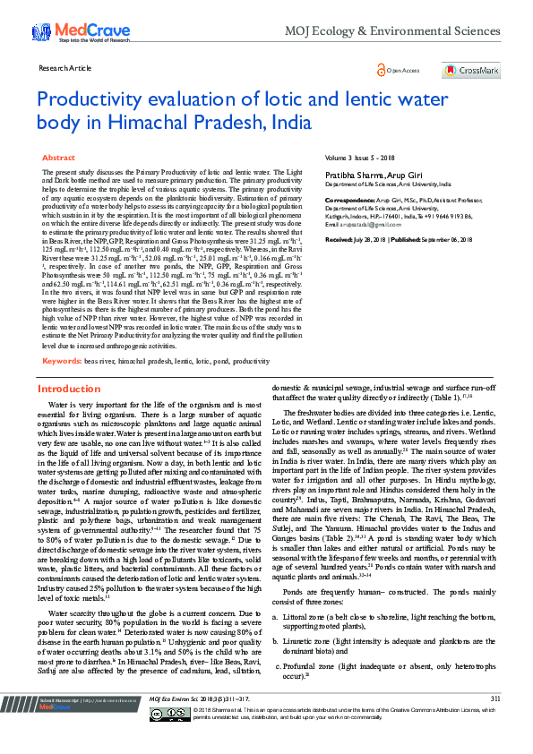 (PDF) Productivity evaluation of lotic and lentic water body in ...