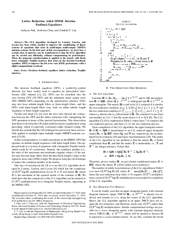 Pdf Lattice Reduction Aided Mmse Decision Feedback Equalizers