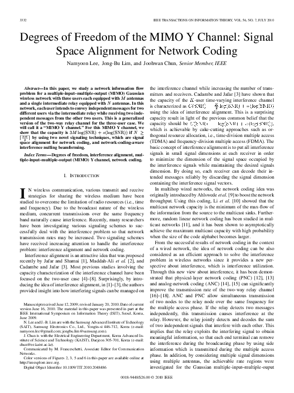 (PDF) Degrees of freedom of the MIMO Y channel: Signal space alignment for network coding