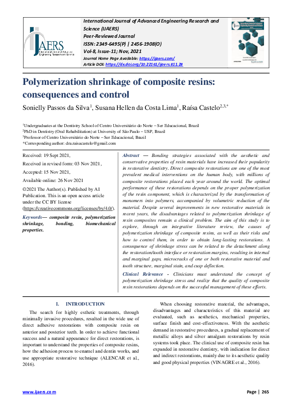 Pdf Polymerization Shrinkage Of Composite Resins Consequences And Control
