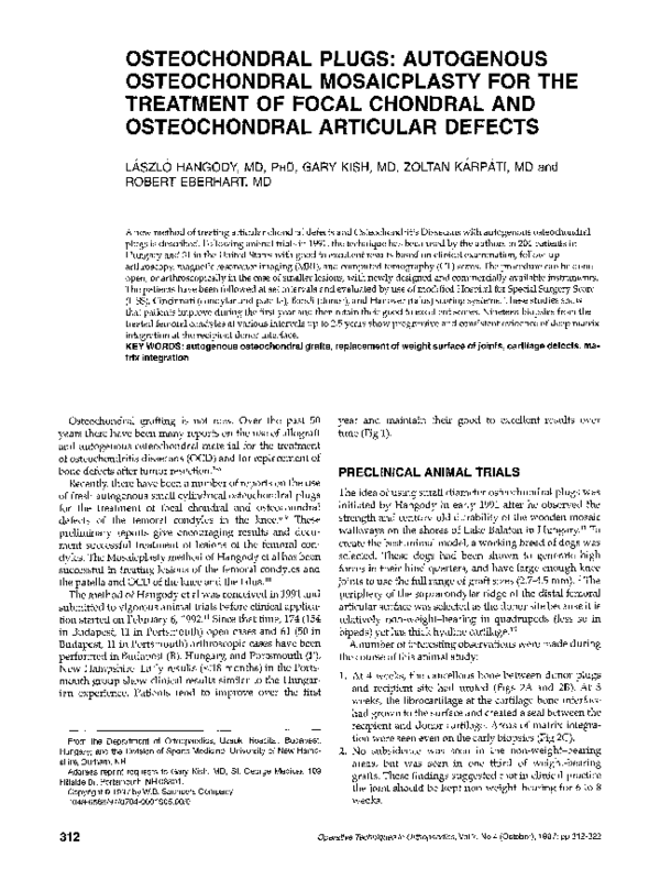 (PDF) Osteochondral plugs: Autogenousosteochondral mosaicplasty for the ...