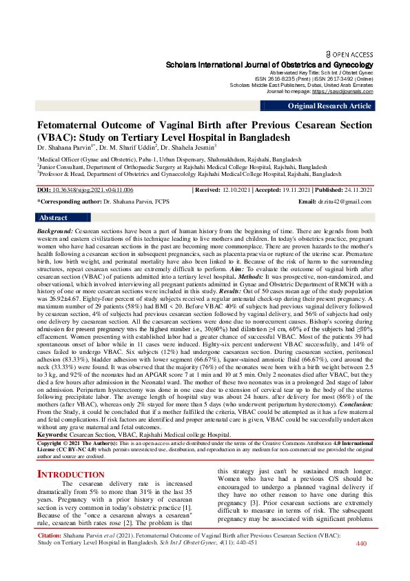Pdf Fetomaternal Outcome Of Vaginal Birth After Previous Cesarean