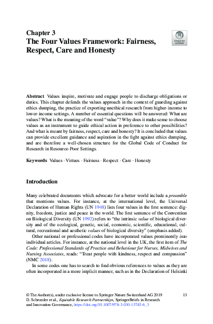 (PDF) The Four Values Framework: Fairness, Respect, Care and Honesty