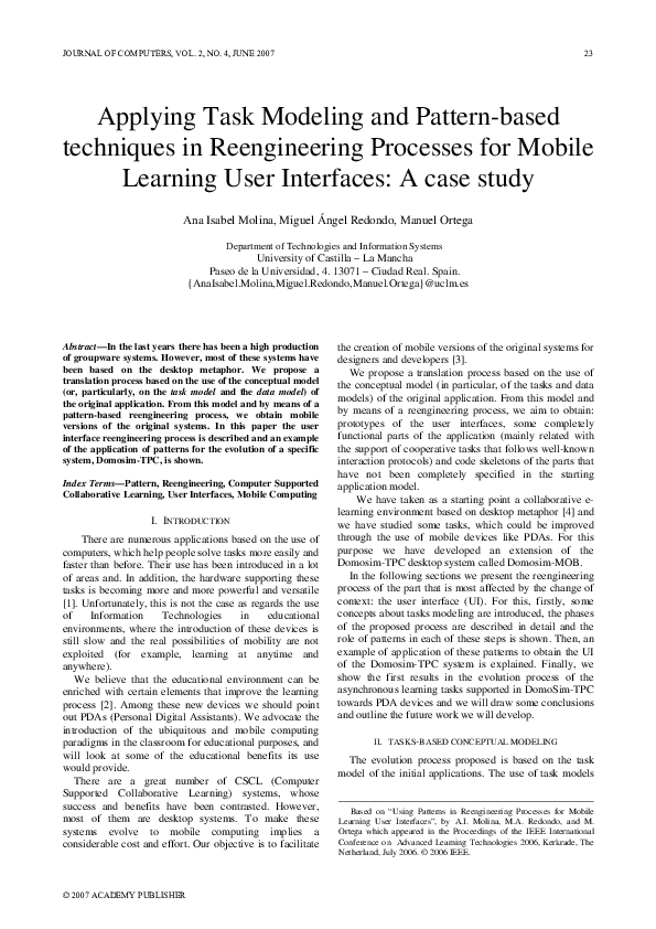 (PDF) Applying Task Modeling and Pattern-Based Techniques in Reengineering Processes for Mobile ...