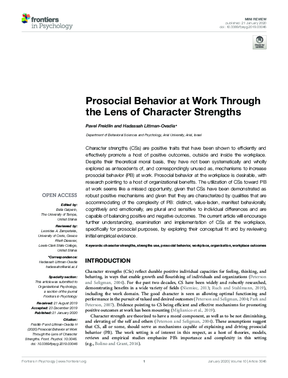 (PDF) Prosocial Behavior at Work Through the Lens of Character Strengths