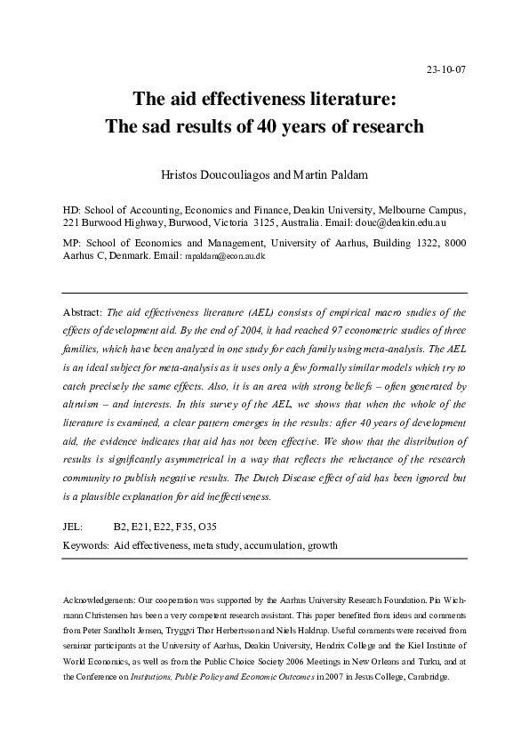 (PDF) The Aid Effectiveness Literature: The sad results of 40 years of ...