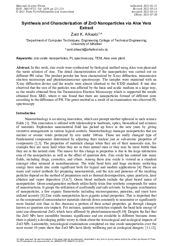 (PDF) Synthesis and Characterization of ZnO Nanoparticles via Aloe Vera Extract