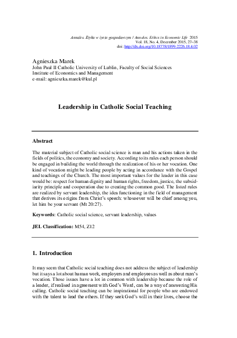 (PDF) Leadership in Catholic Social Teaching