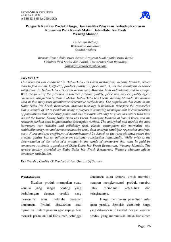(PDF) Pengaruh Kualitas Produk, Harga dan Kualitas Pelayanan Terhadap Keputusan Pembelian (Studi ...