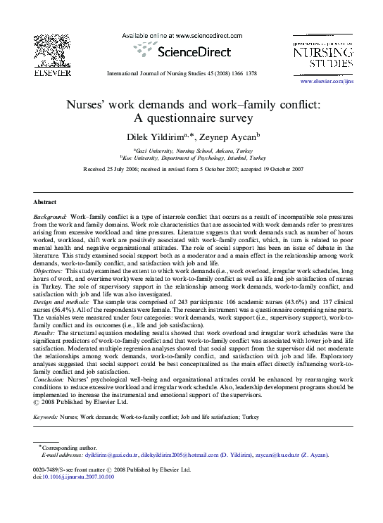 (PDF) Nurses’ work demands and work–family conflict: A questionnaire survey