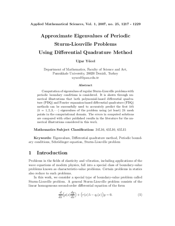 (PDF) Approximate eigenvalues of periodic Sturm-Liouville problems using differential quadrature ...