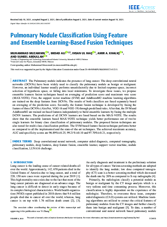 (PDF) Pulmonary Nodule Classification Using Feature and Ensemble Learning-Based Fusion Techniques