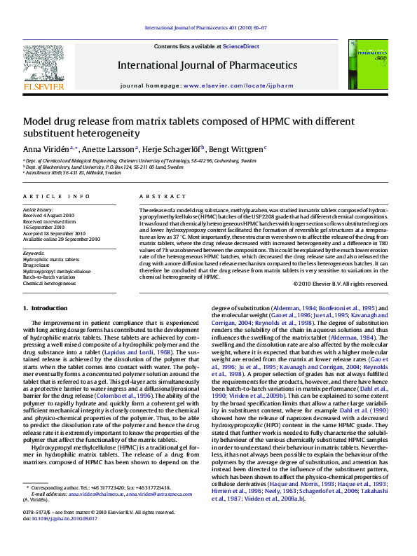 (PDF) Model drug release from matrix tablets composed of HPMC with ...