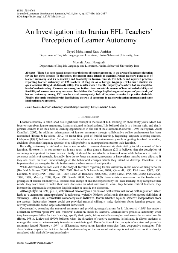 (PDF) An Investigation into Iranian EFL Teachers’ Perception of Learner Autonomy