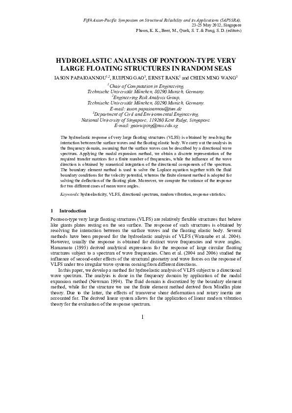 Pdf Hydroelastic Analysis Of Pontoon Type Very Large Floating Structures In Random Seas