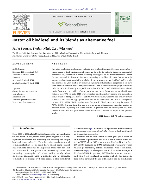 (PDF) Castor oil biodiesel and its blends as alternative fuel