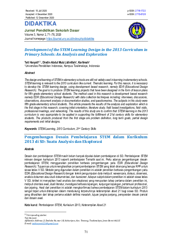 (PDF) Pengembangan Desain Pembelajaran STEM dalam Kurikulum 2013 di Sekolah Dasar: Suatu ...