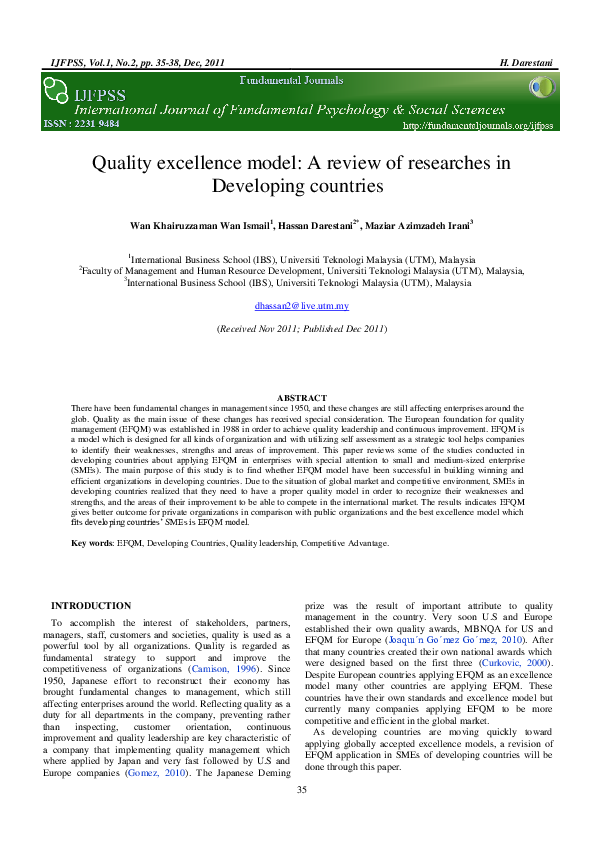(PDF) Quality excellence model: A review of researches in Developing ...