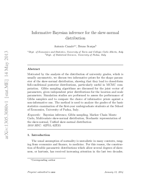 Pdf Informative Bayesian Inference For The Skew Normal Distribution