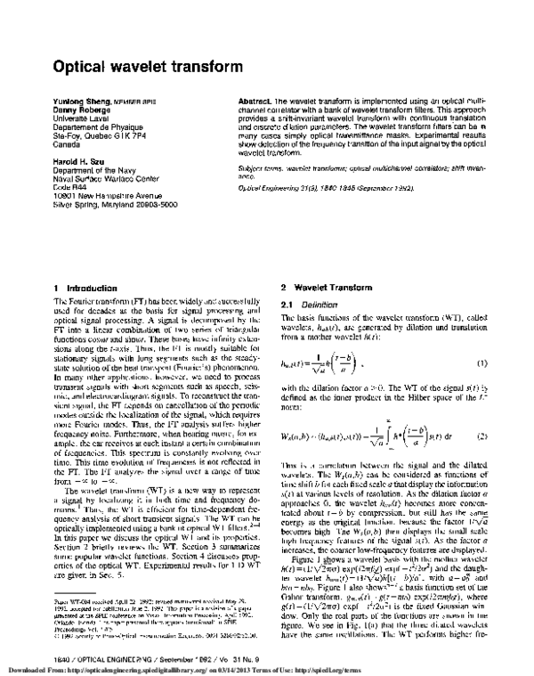 Pdf Optical Wavelet Transform