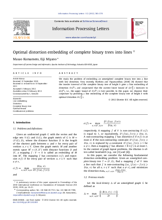 Pdf Optimal Distortion Embedding Of Complete Binary Trees Into Lines