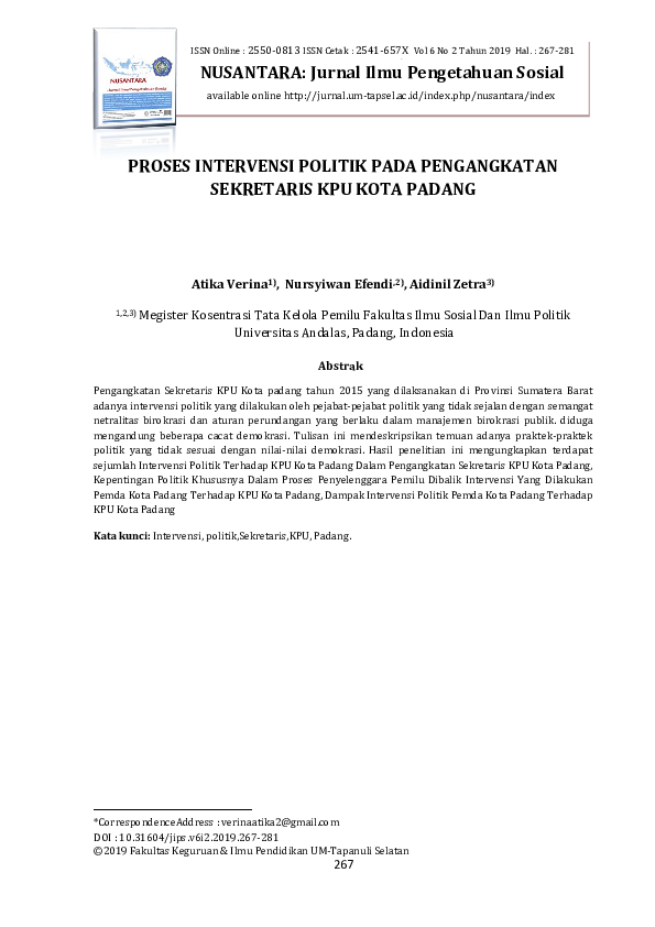 (PDF) Proses Intervensi Politik Pada Pengangkatan Sekretaris Kpu Kota ...