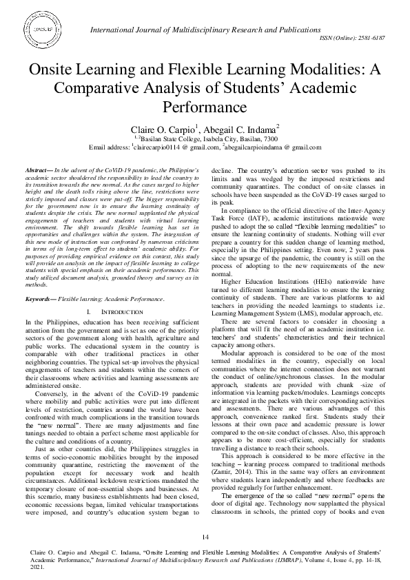 Pdf Onsite Learning And Flexible Learning Modalities A Comparative