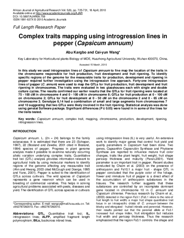 (PDF) Complex traits mapping using introgression lines in pepper ...