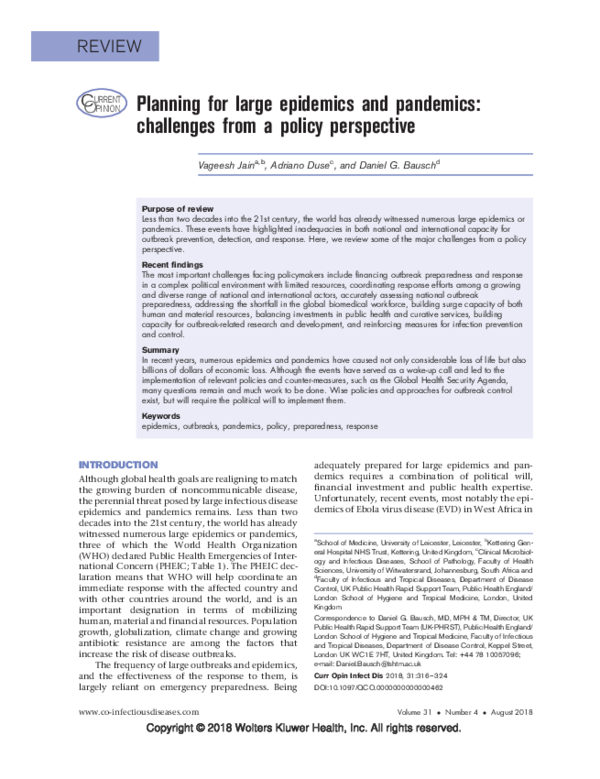 (PDF) Planning for large epidemics and pandemics